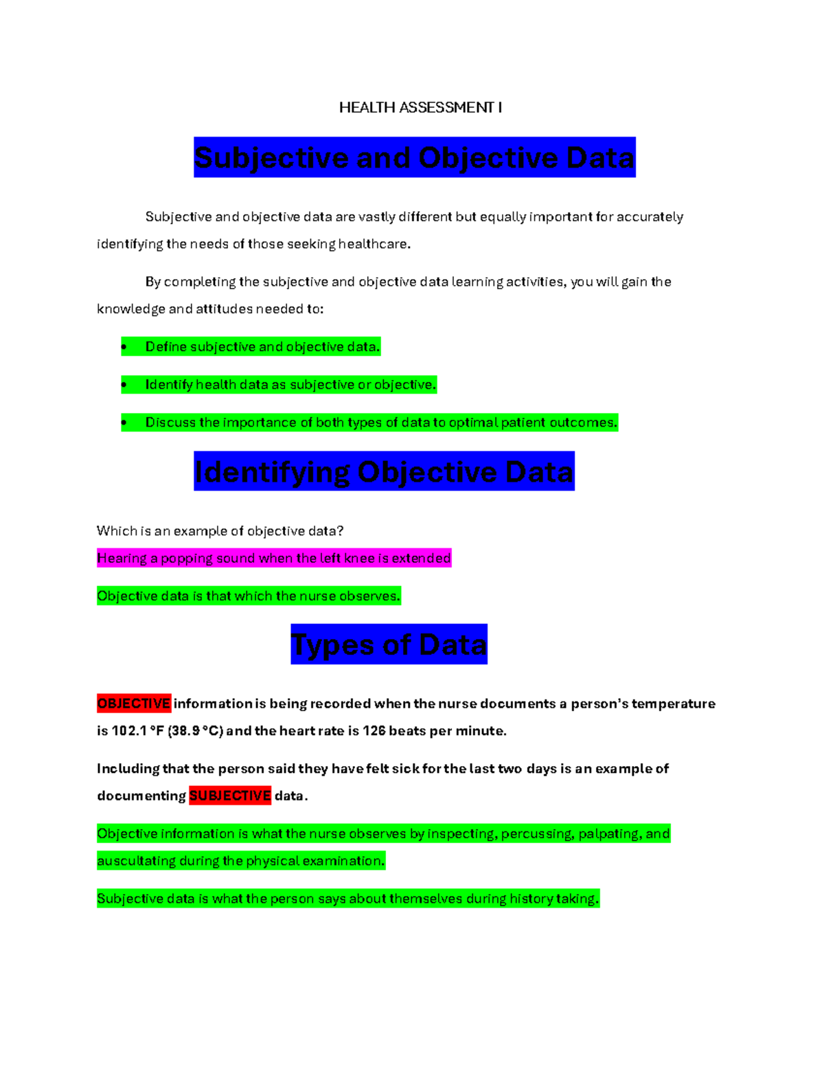 HEALTH ASSESSMENT I: Subjective & Objective Data Study Notes - Studocu