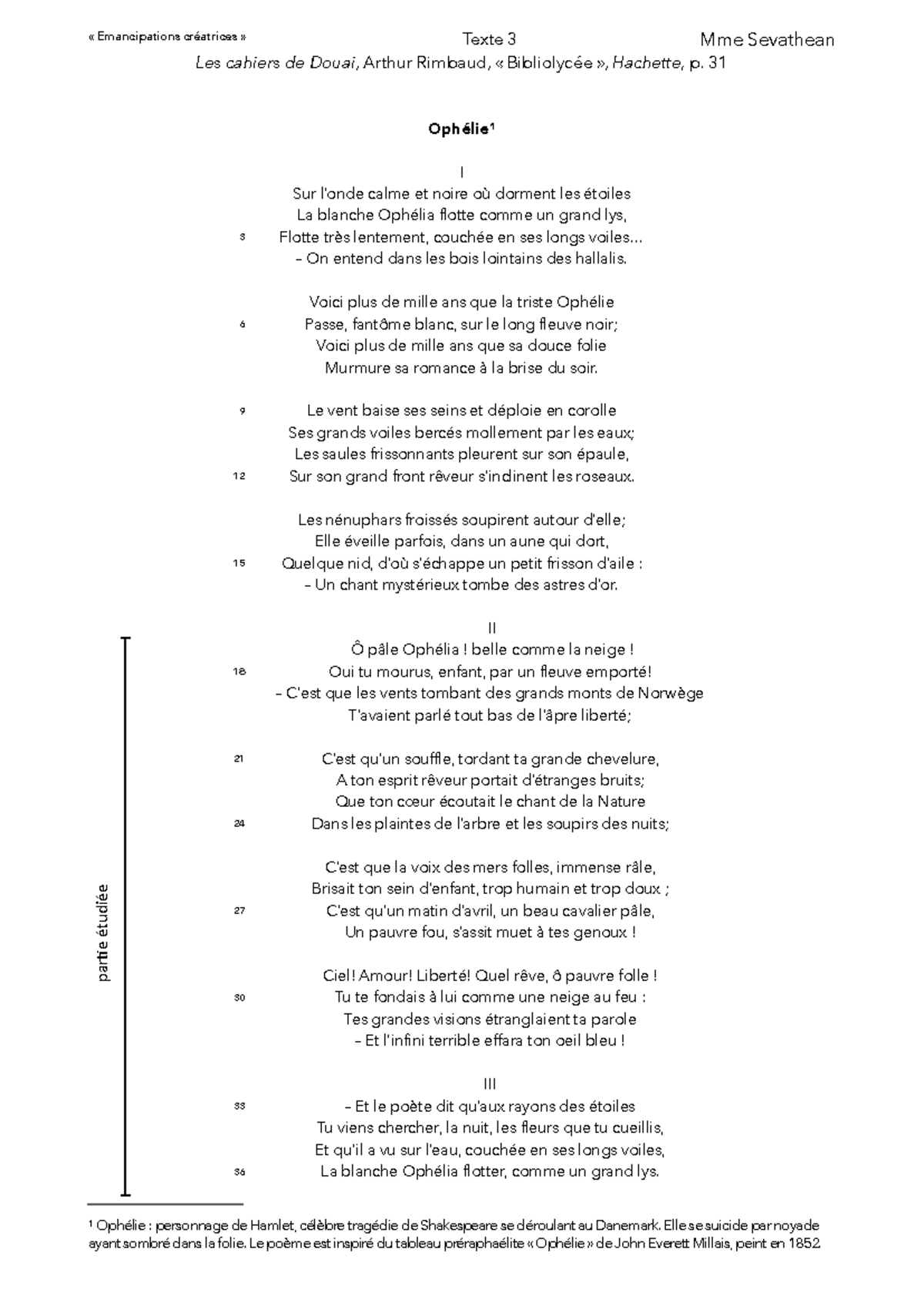 Ophélie par Arthur Rimbaud - Analyse et Interprétation (LIT101) - Studocu