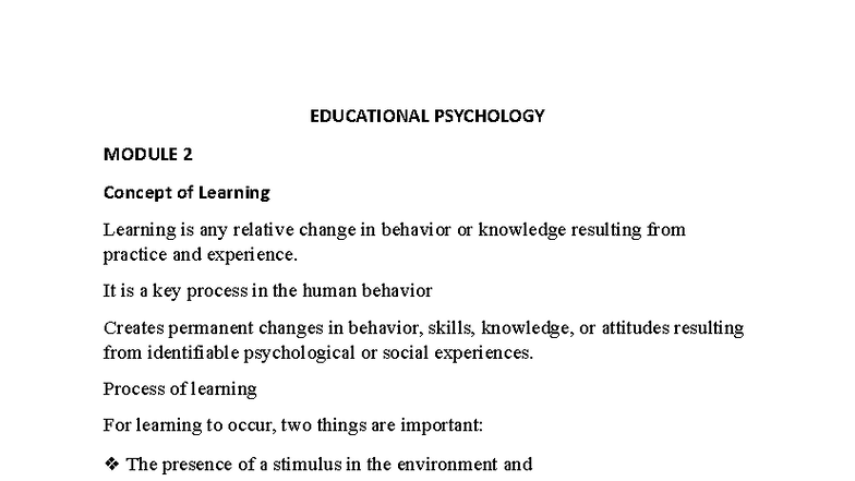 EDUCATIONAL PSYCHOLOGY MODULE 2: Understanding the Concept of Learning ...