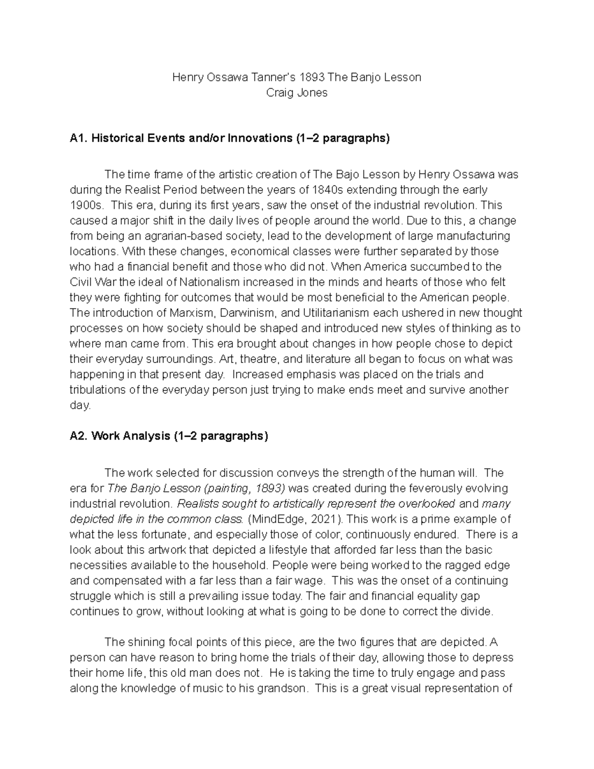 Task for c100 humanities revision 1 - Henry Ossawa Tanner’s 1893 The ...