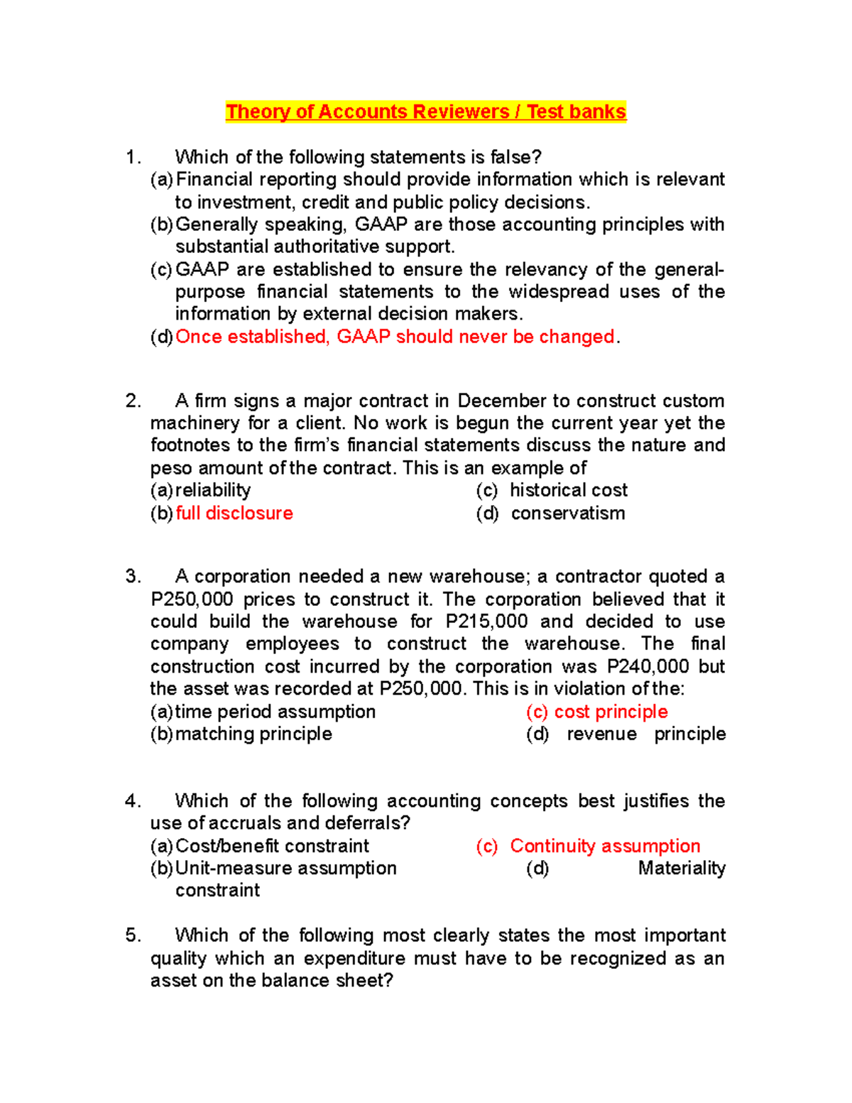Theory of Accounts Review - TOA Accounting Practice Questions - Studocu