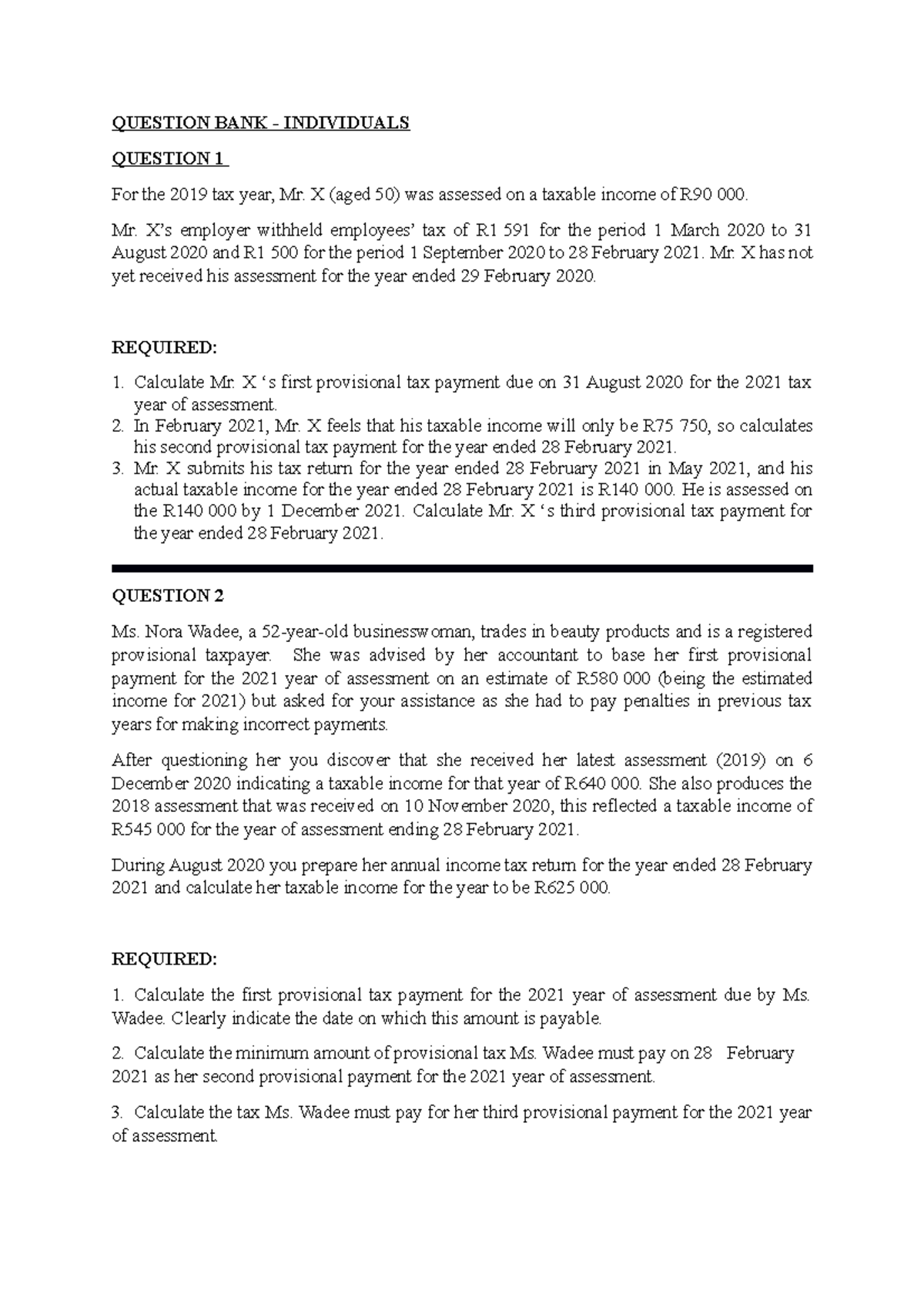 Individual Provisional Tax Questions Bank - 2021 Exam Prep - Studocu