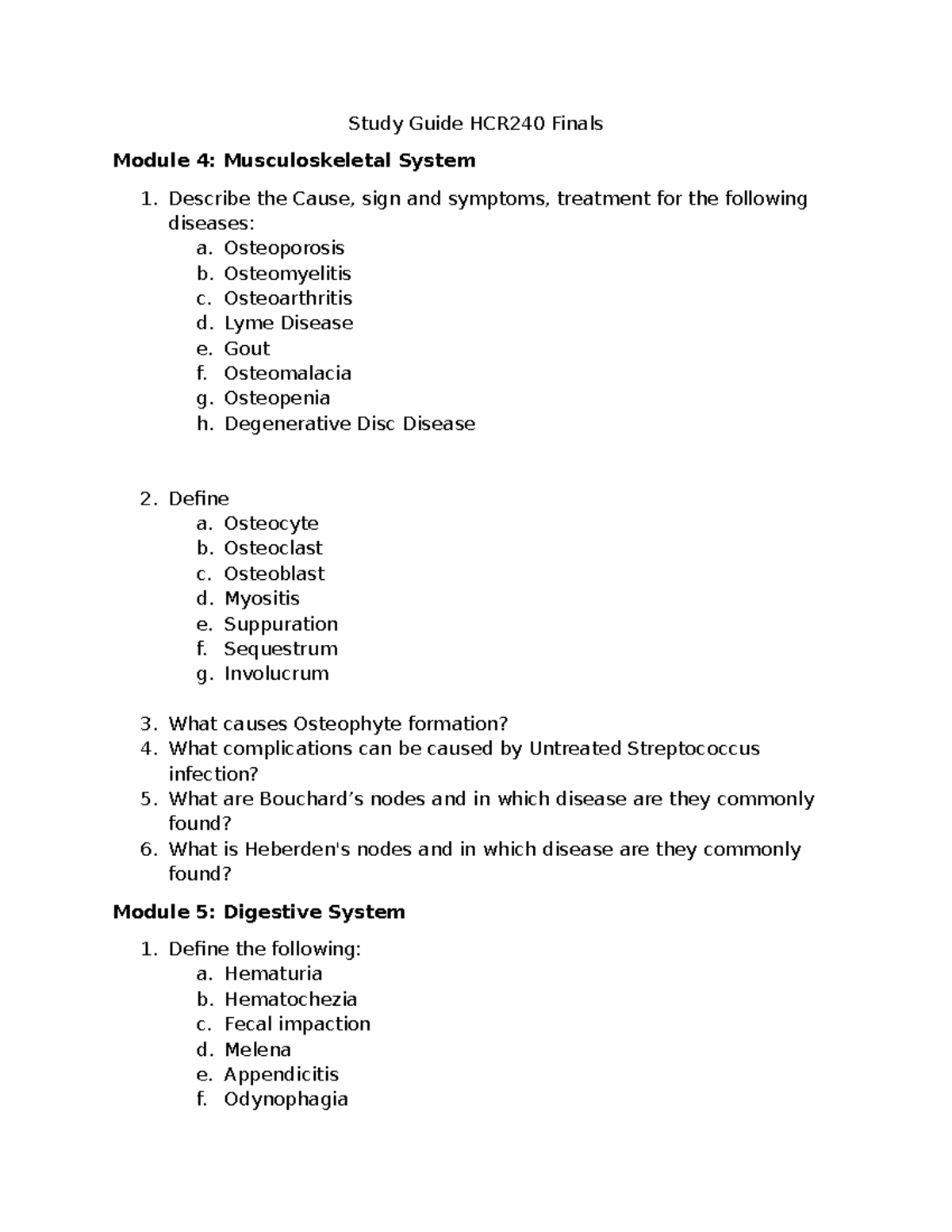 Patho Final Study Guide - Study Guide HCR240 Finals Module 4 ...