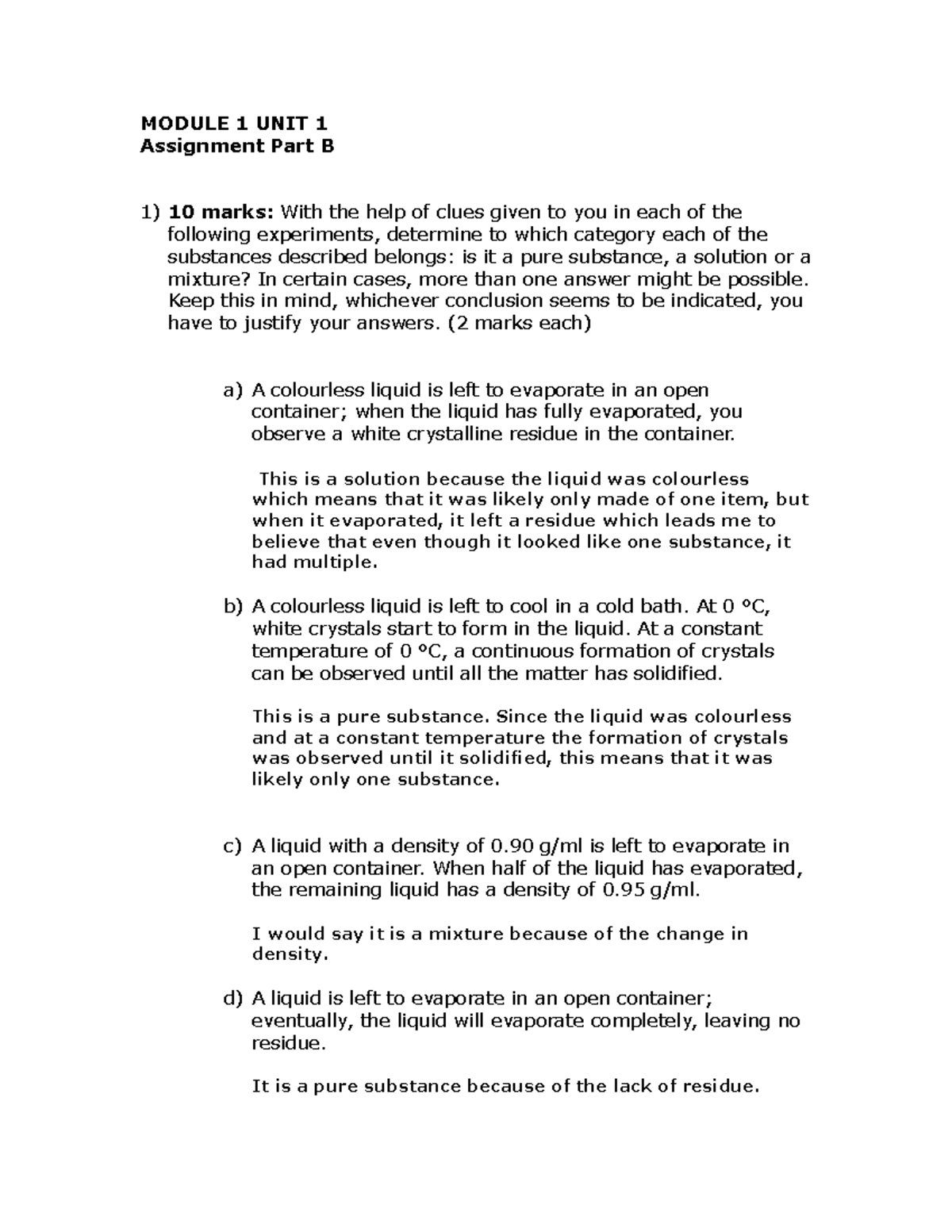 Module 1 Unit 1 Assignment B: Classification of Substances - Studocu