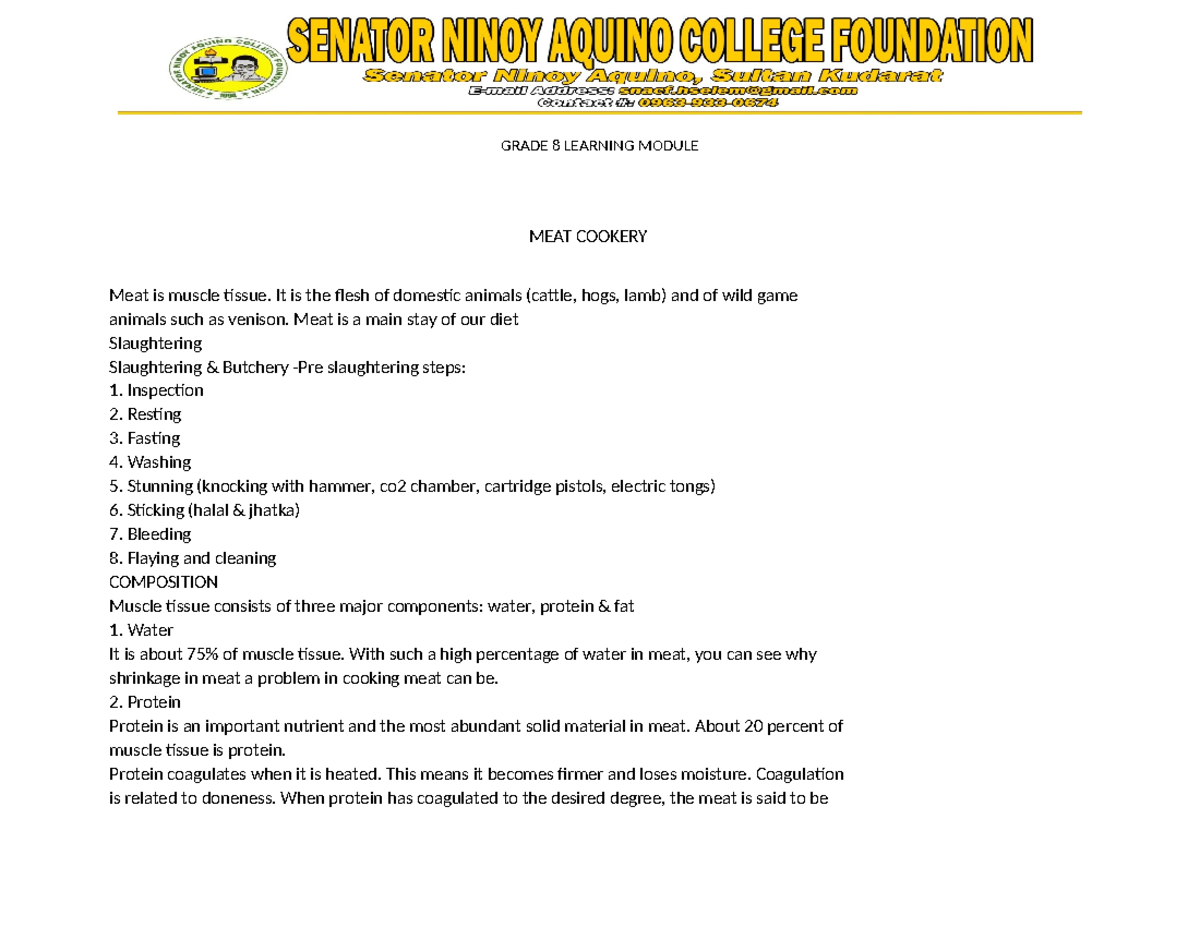 Grade 8 Learning Module - GRADE 8 LEARNING MODULE MEAT COOKERY Meat is ...