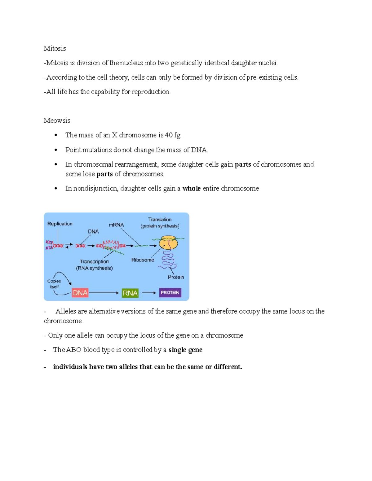 Grade 11 Biology Notes: Mitosis, Meiosis, and Genetic Variation - Studocu