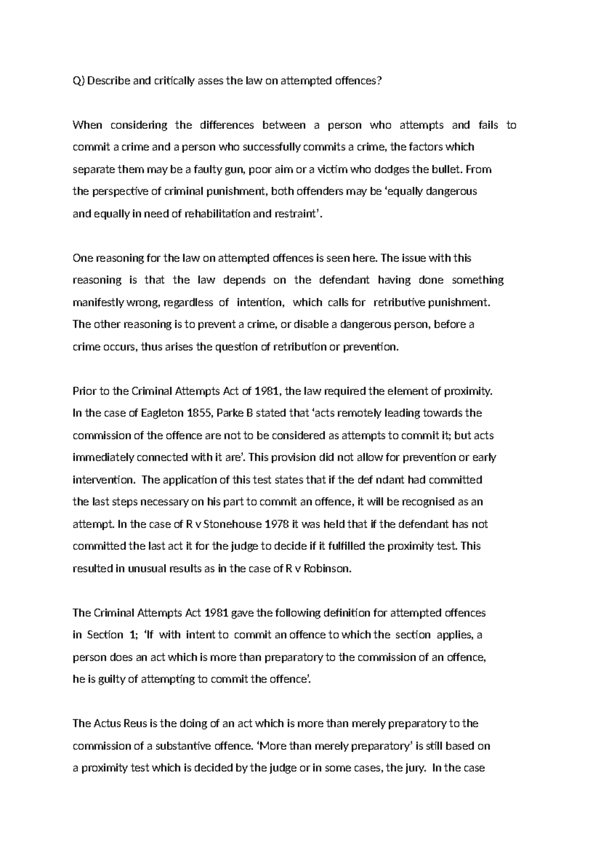 Criminal Attempt Essay: Analysis of the Law on Attempted Offences - Studocu