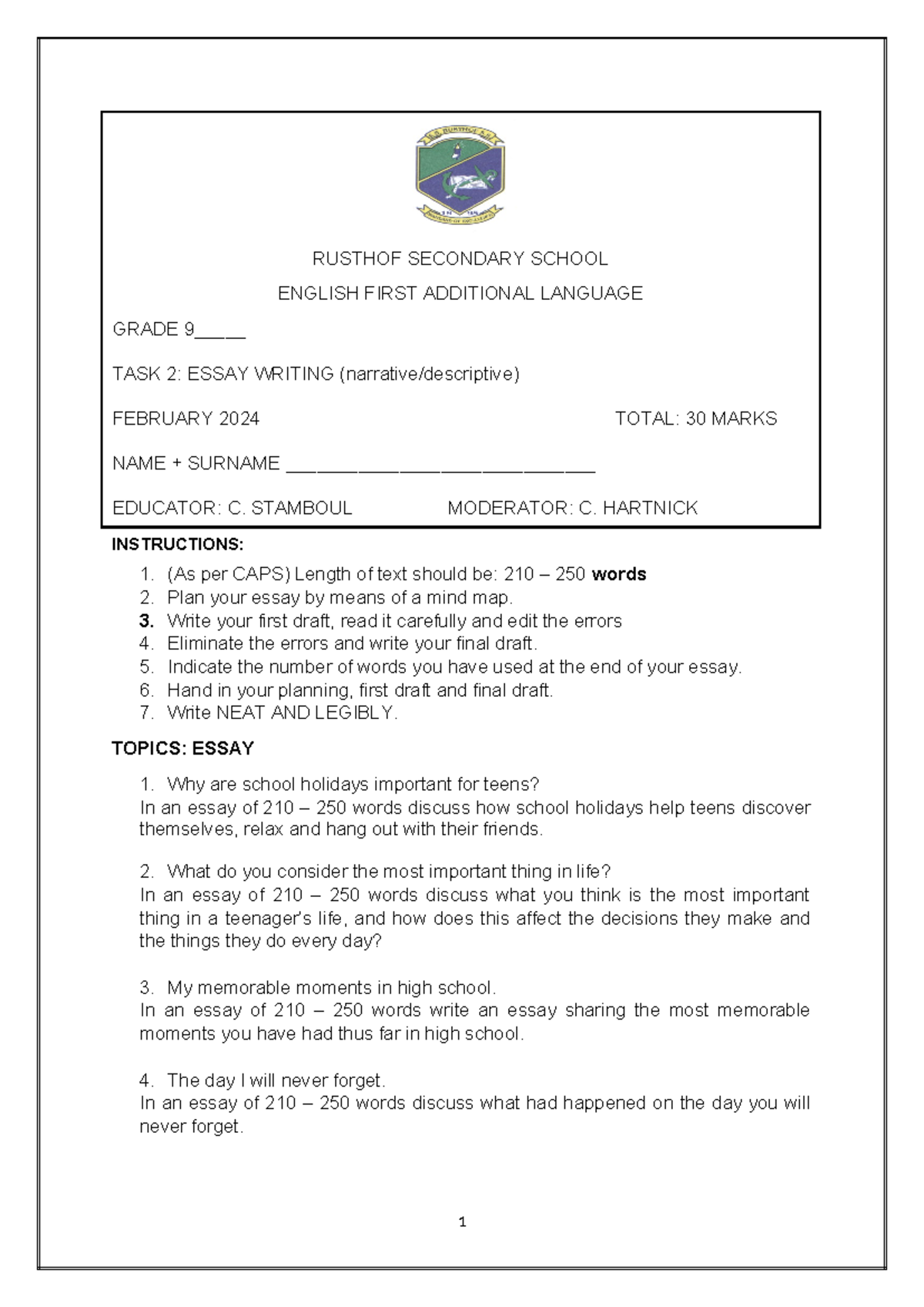 Grade 9 FAL Task 2: Essay Writing Guidelines & Topics - Studocu