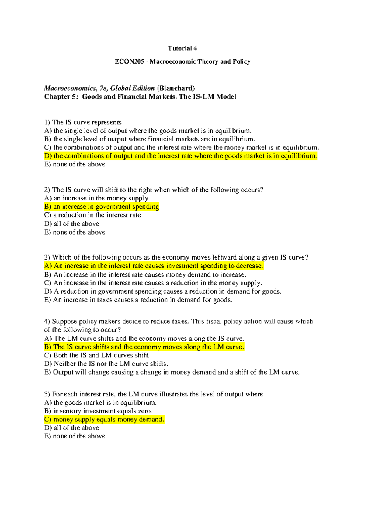 Tutorial 4 - answer - Tutorial 4 ECON205 - Macroeconomic Theory and ...