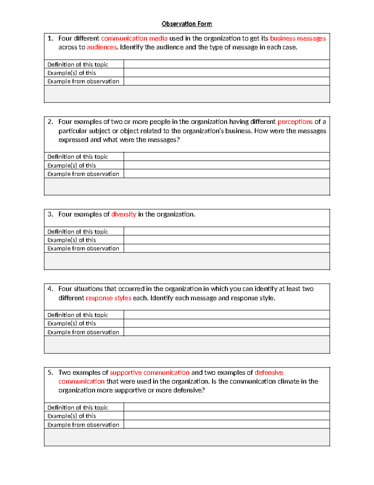 BUS 101: Observation Form - Analyzing Communication in Organizations ...