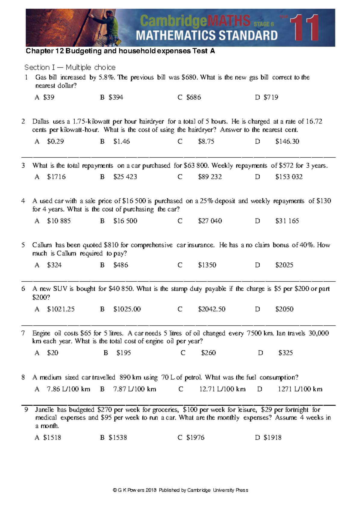 Chapter 12: Budgeting and Household Expenses Test A - Multiple Choice ...