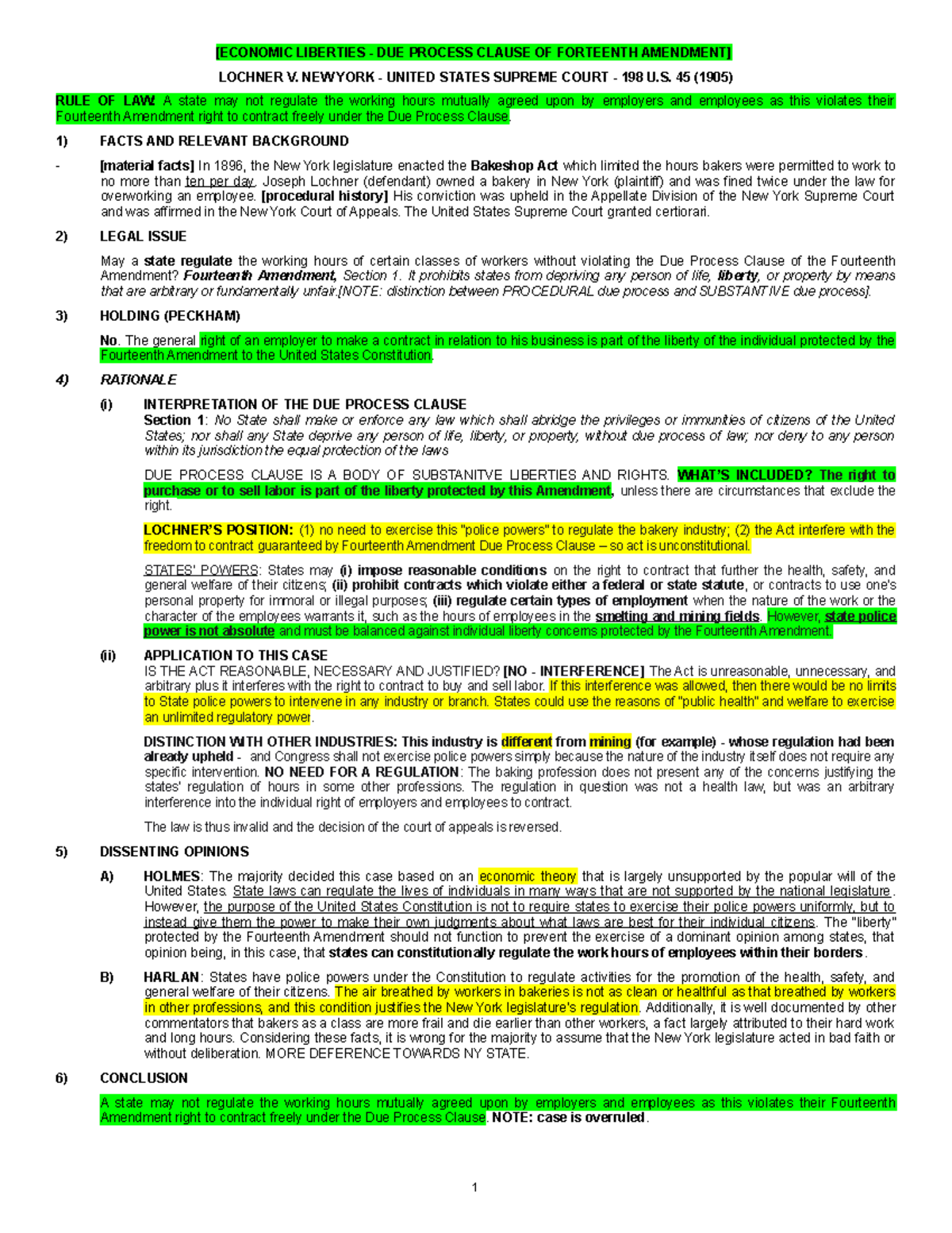 Case brief Lochner v. NY + WCH Parrish - [ECONOMIC LIBERTIES - DUE ...