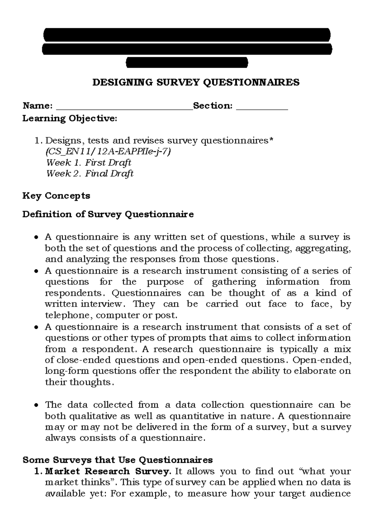 Designs, tests and revises survey questionnaires - WEEKLY LEARNING ...