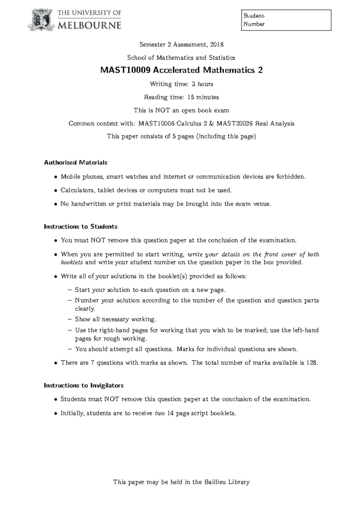 Am2 2018 s2 - final exam - Student Number Semester 2 Assessment, 2018 ...