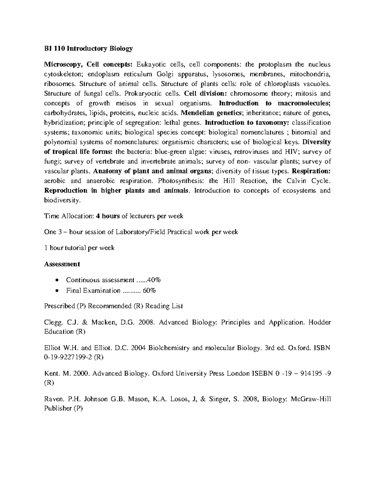 BI 110 Introductory Biology Course Outline: Cell Structure & Function ...