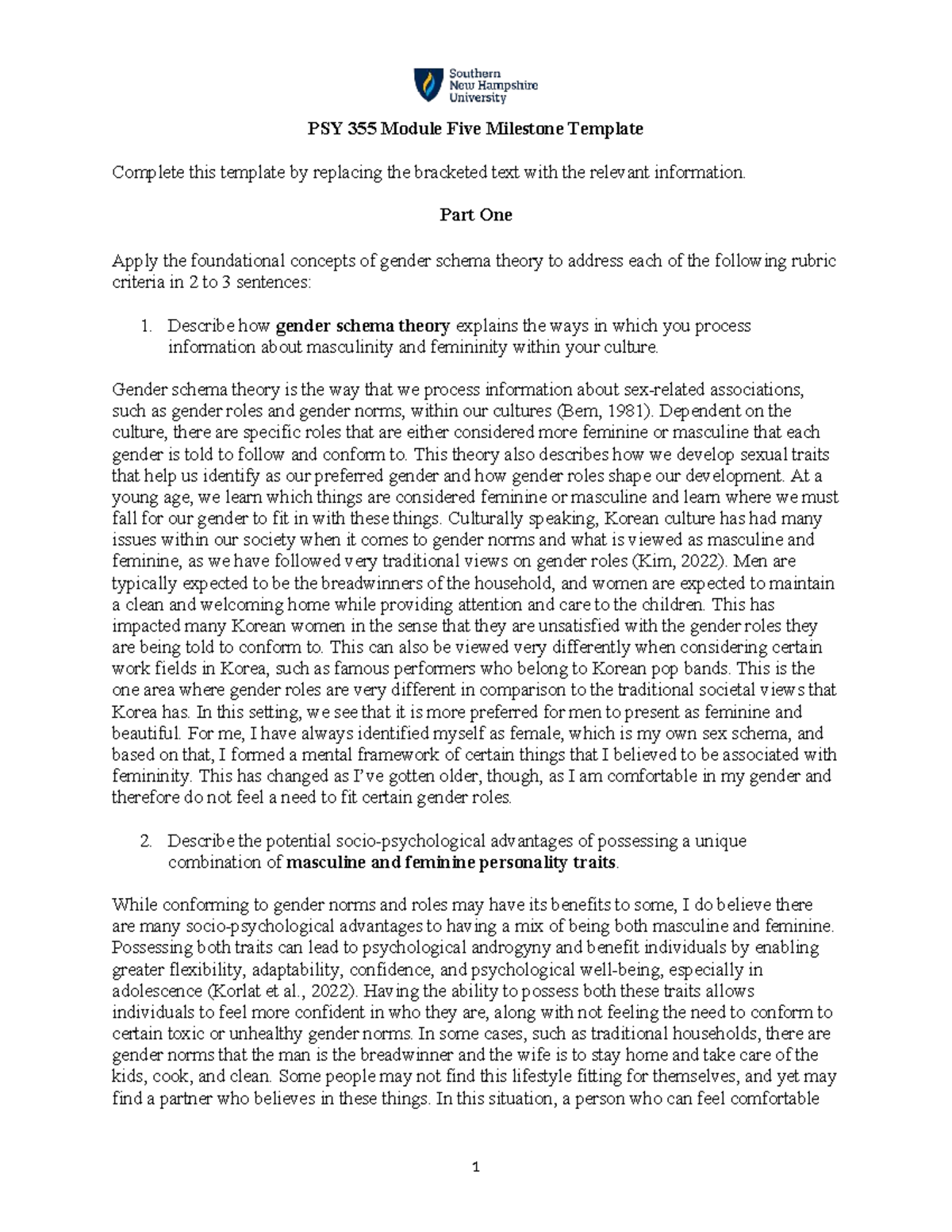 PSY 355 Module Five Milestone: Gender Schema & Social Role Theory ...
