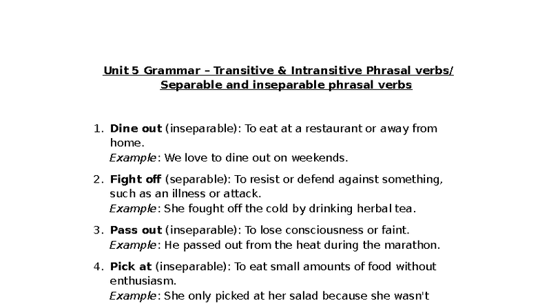 1C1 Unit 5: Transitive, Intransitive, Separable & Inseparable Phrasal ...