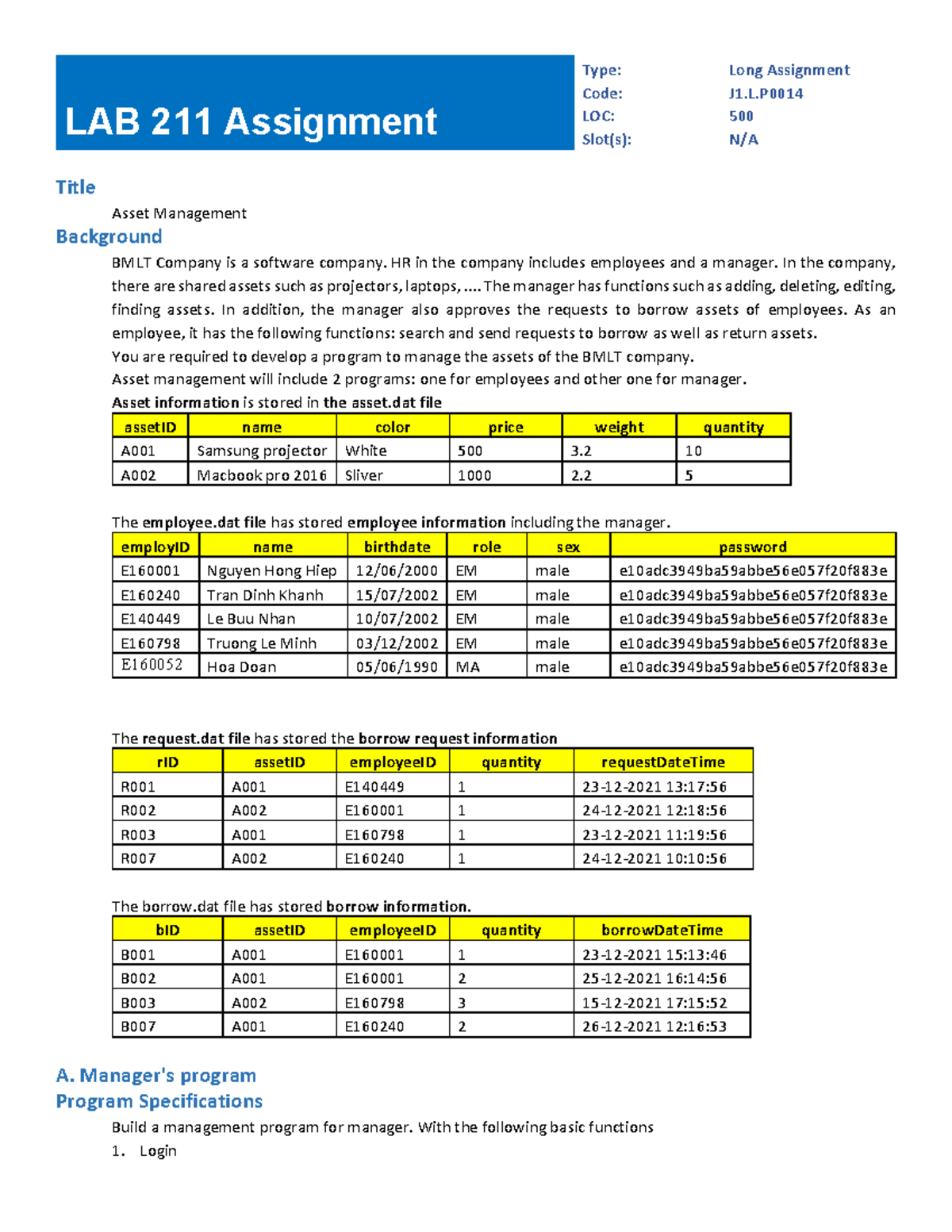 J1.L.P0014. Asset Management- Manager 500 - LAB 211 Assignment Type ...