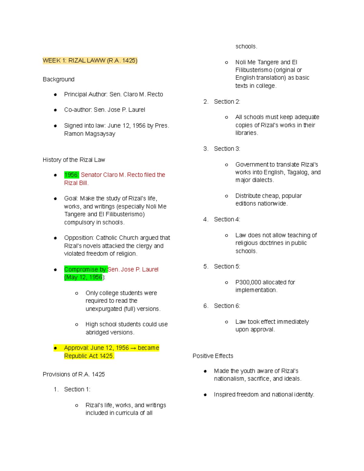 RIZAL LAW (R.A. 1425) & Historical Context: Weeks 1-4 Overview - Studocu