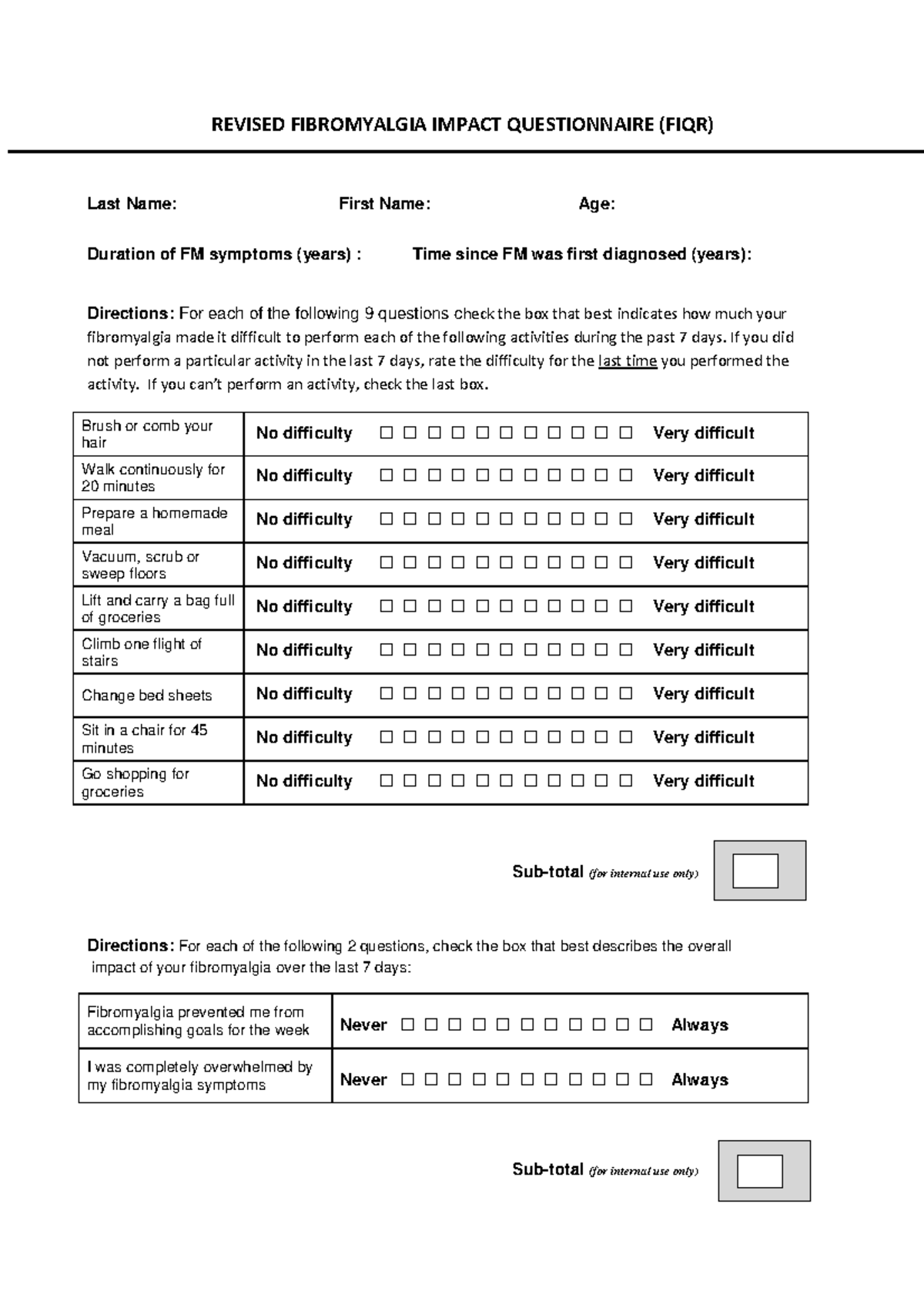 Revised Fibromyalgia Impact Questionnaire (FIQR) Responses - Studocu