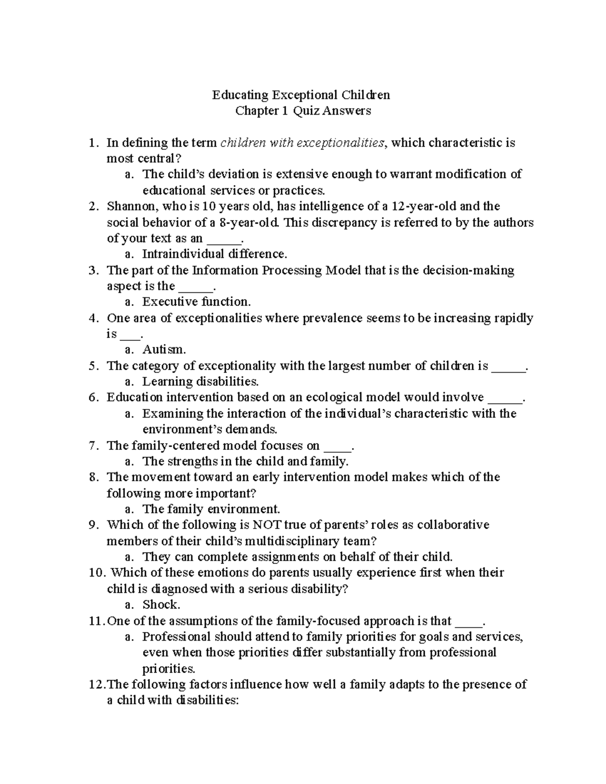 EEC Chapter 1 Quiz: Answers to Exceptional Children Concepts - Studocu