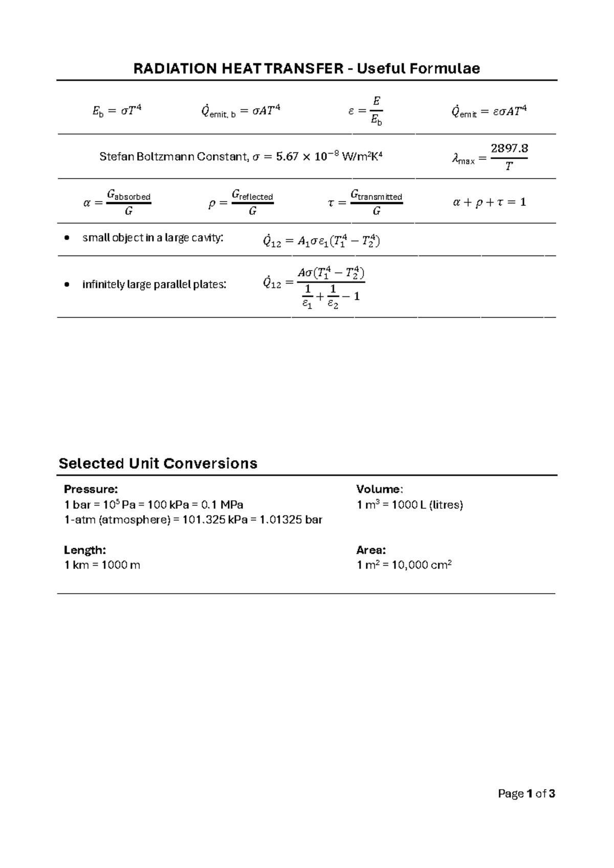 RADIATION & FLUID MECHANICS Formula Sheet for Exam - Studocu