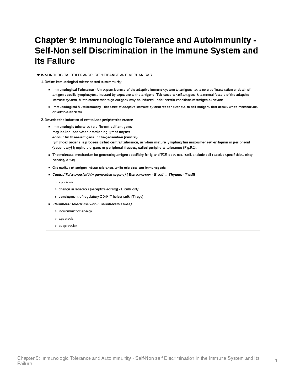 Chapter 9 Immunologic Tolerance and Auto Immunity - Self-Non self ...