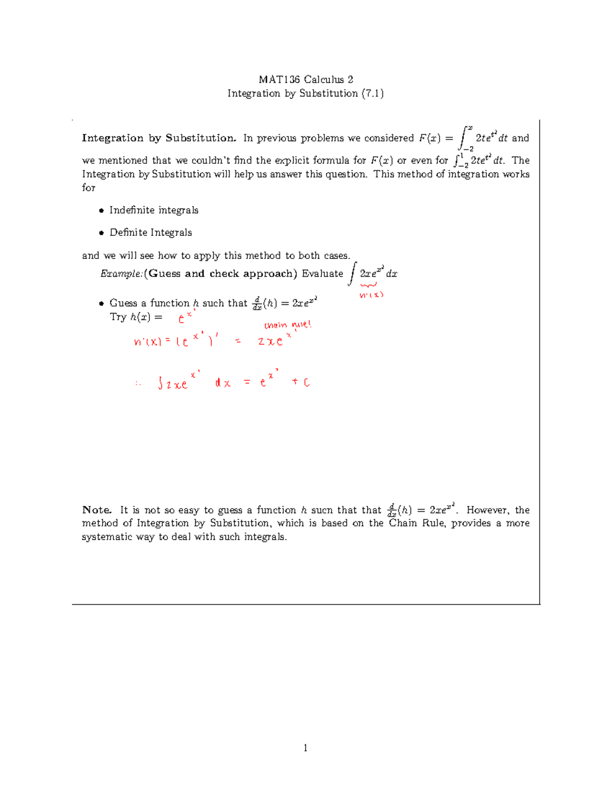 MAT136 Calculus II Integration Techniques: Substitution & Parts - Studocu
