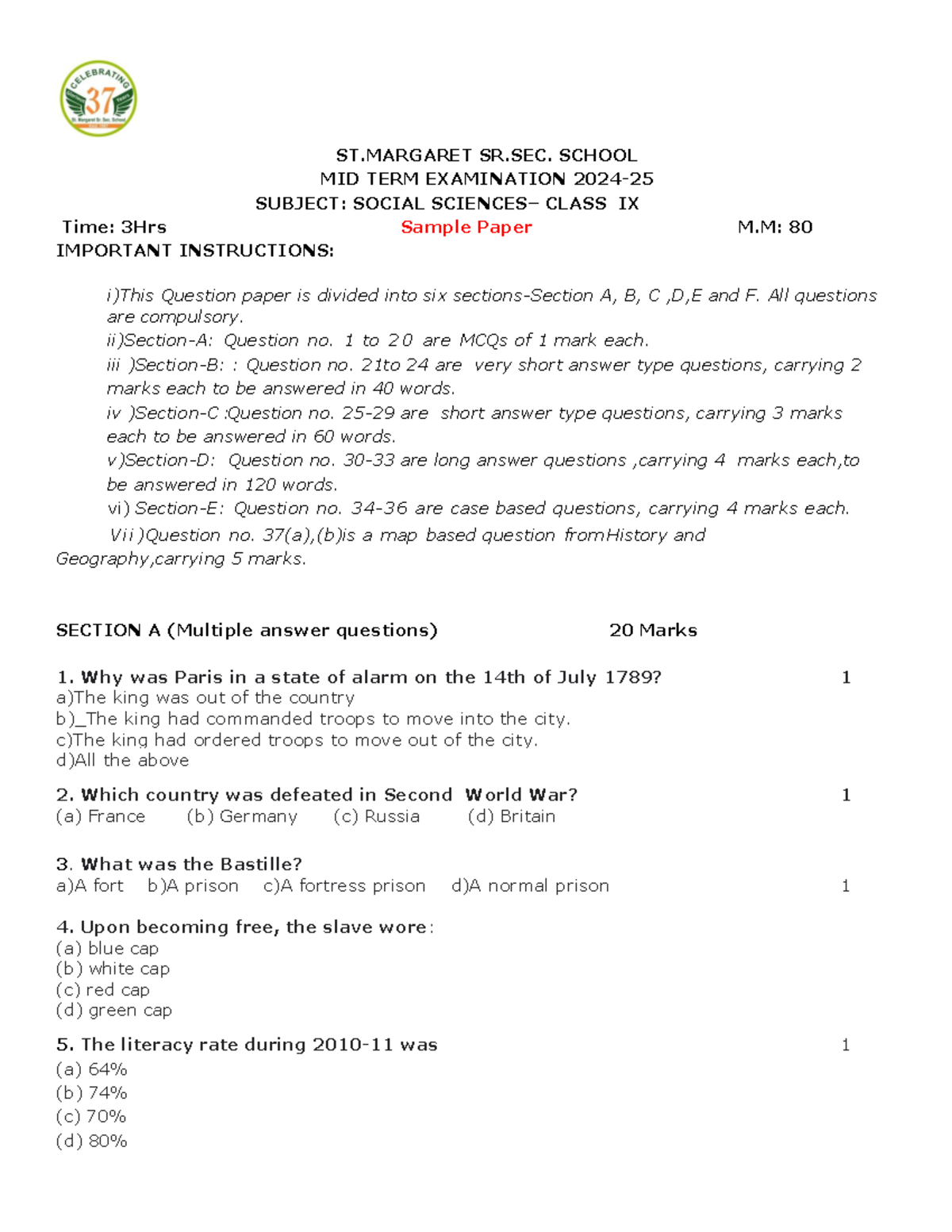 SST Midterm Sample Paper for Class 9 - 2024 Examination - Studocu