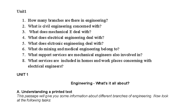 Unit 1: Overview of Engineering Branches and Their Functions - Studocu