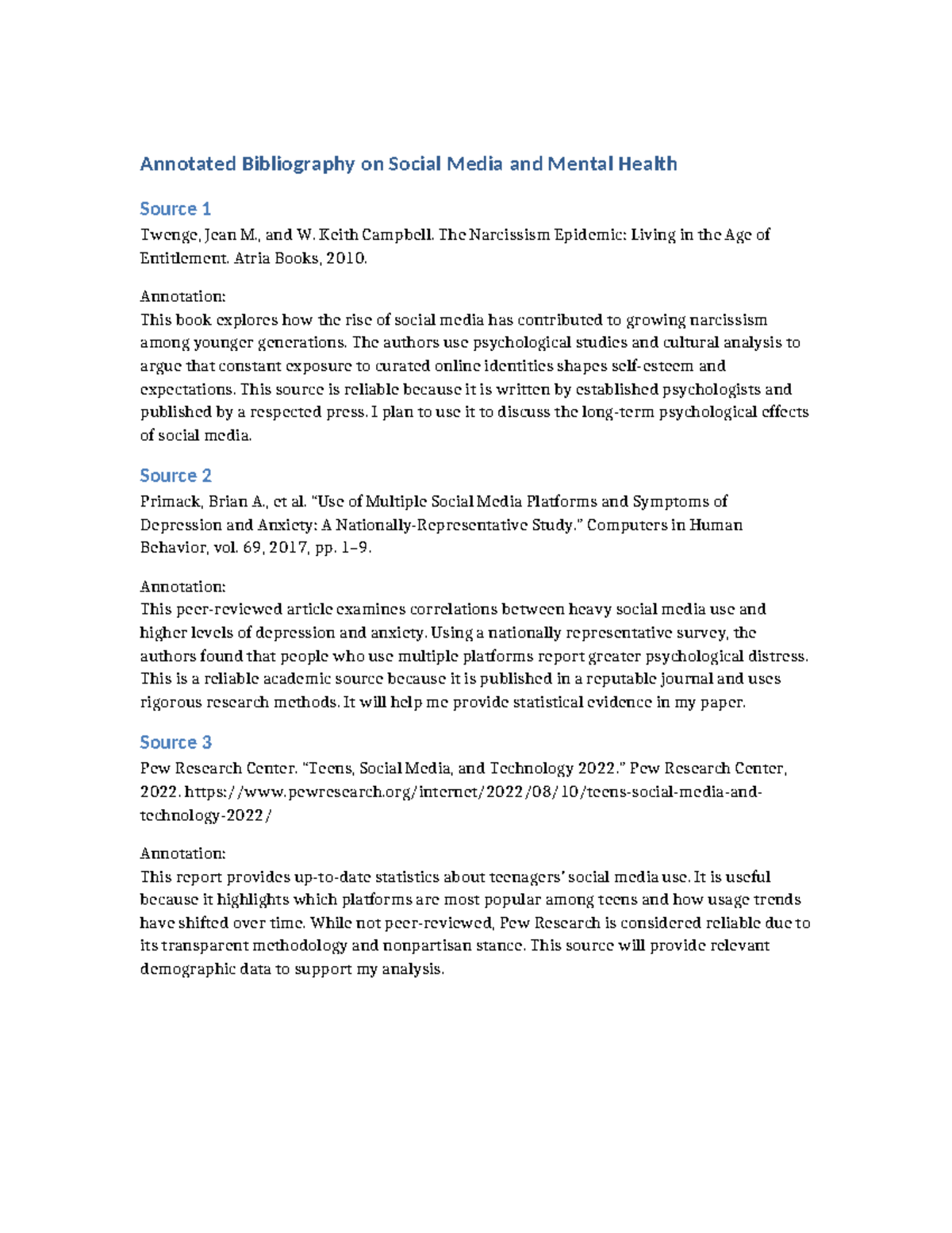 Annotated Bibliography: Social Media & Mental Health (Psych 101) - Studocu
