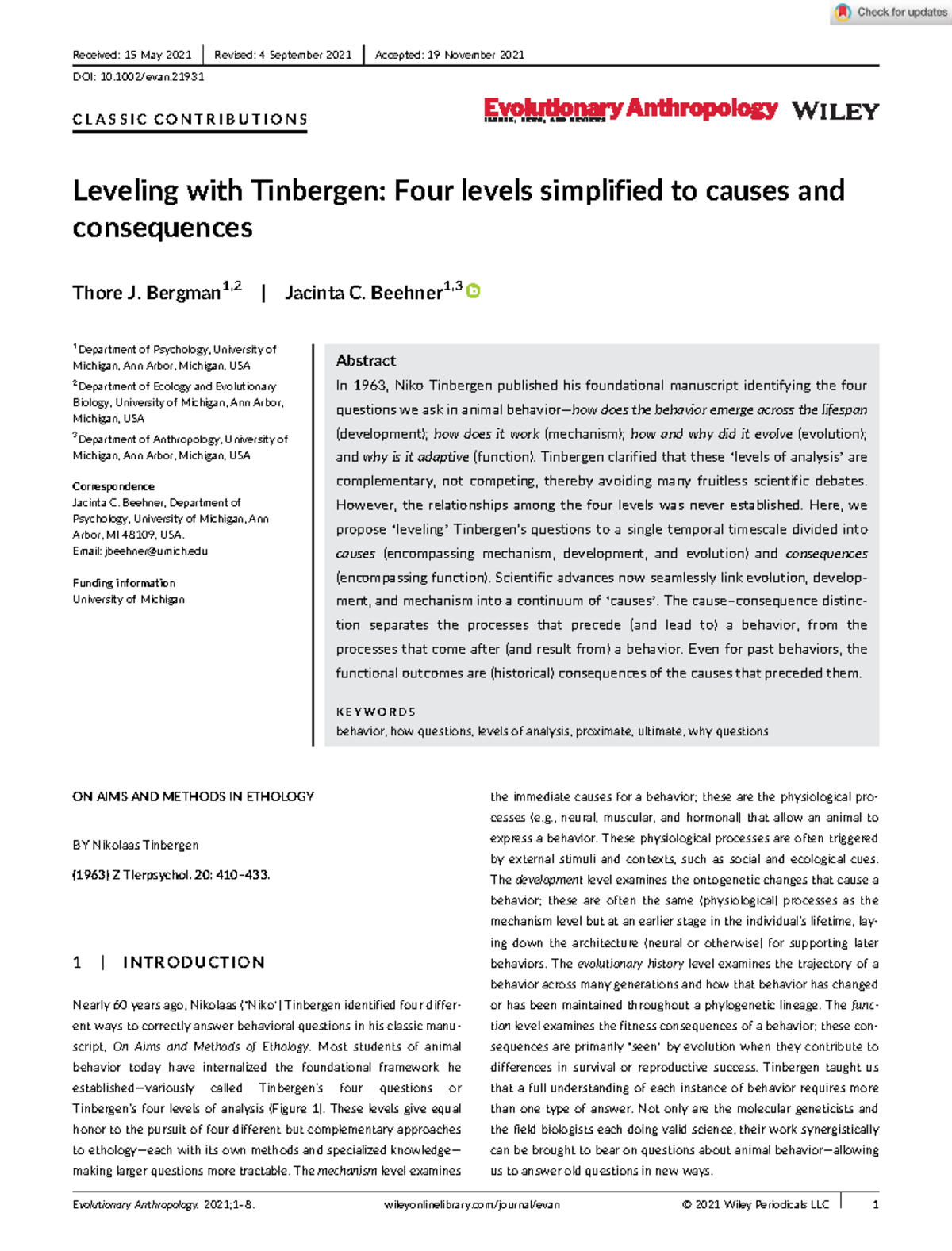 Evolutionary Anthropology 2021: Simplifying Tinbergen's Four Levels of ...
