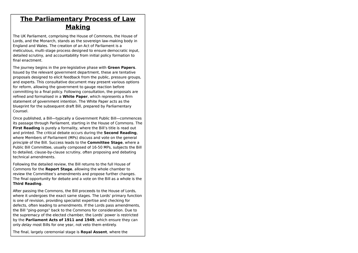 A3 Law Making Process: UK Parliament Overview and Diagram - Studocu