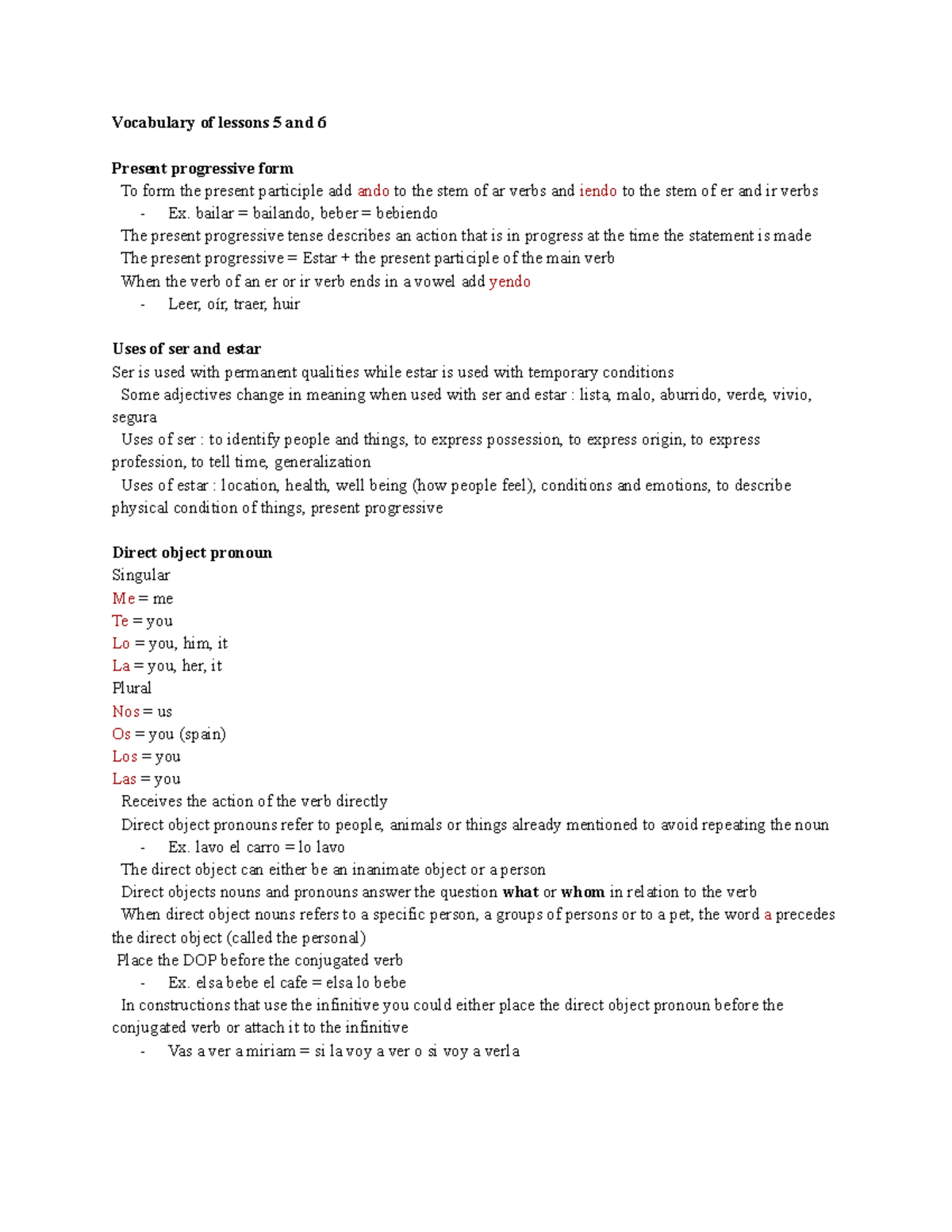 Spanish Test 3: Vocabulary and Grammar Lessons 5 & 6 - Studocu