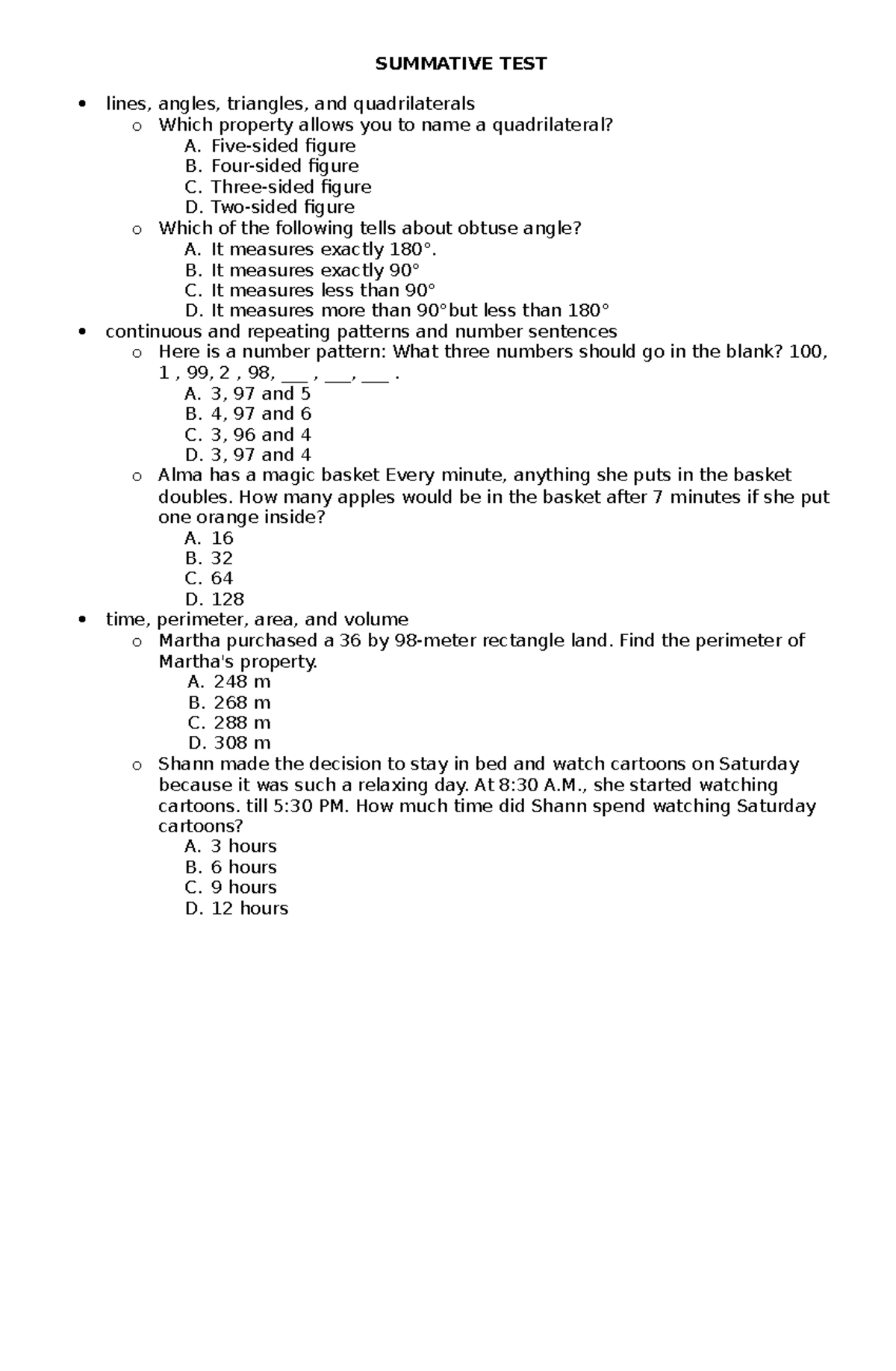 Summative Test: Angles, Shapes, Patterns & Measurements Questions - Studocu
