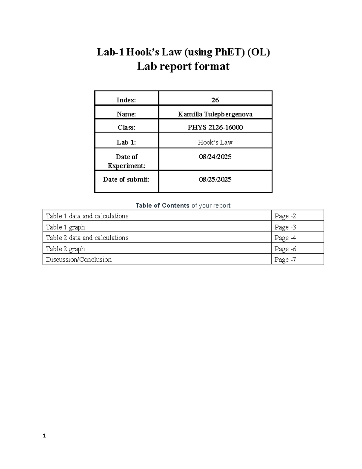 PHYS Lab 1: Law (using PhET) Lab Report Format - Studocu