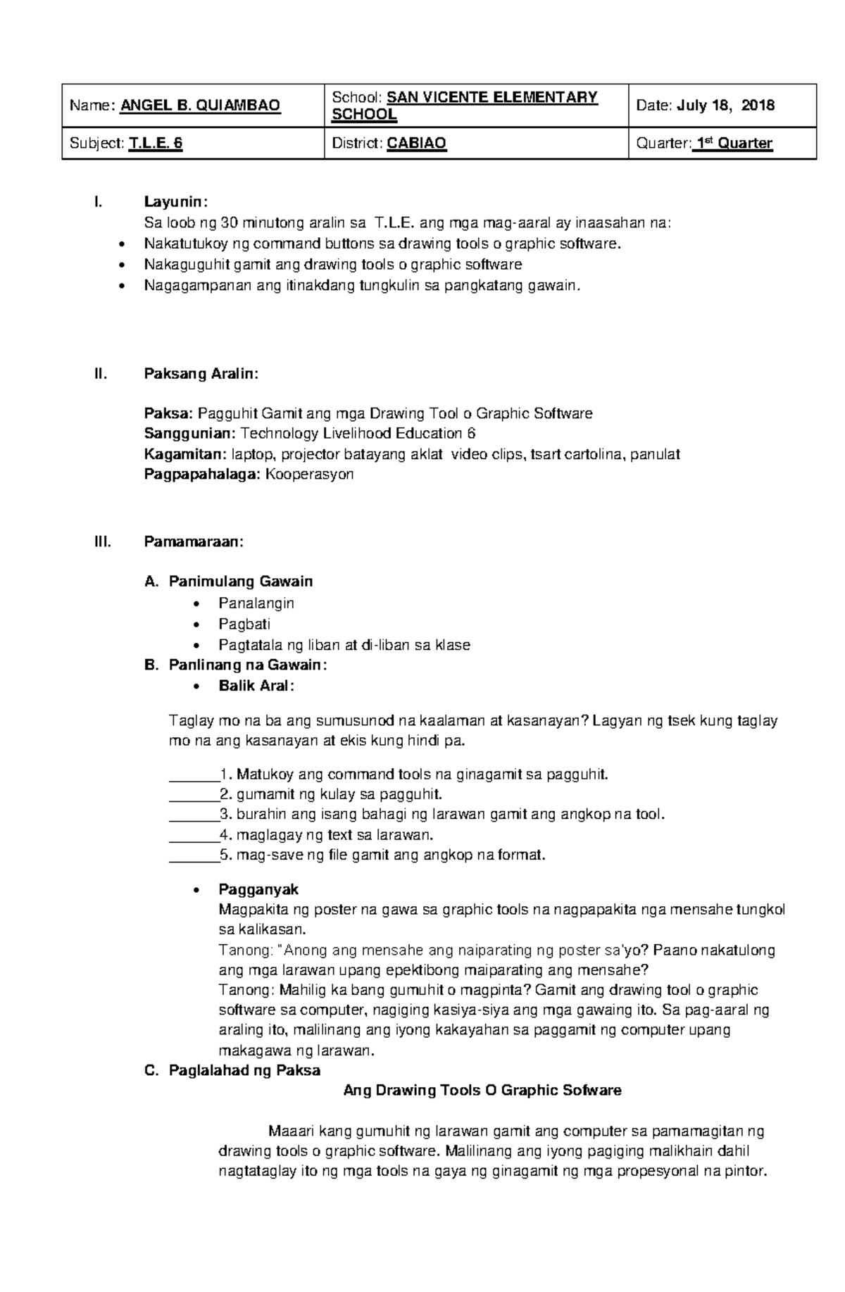 T.L.E. 6 Lesson Plans: Drawing Tools, Tree Propagation, Budgeting ...