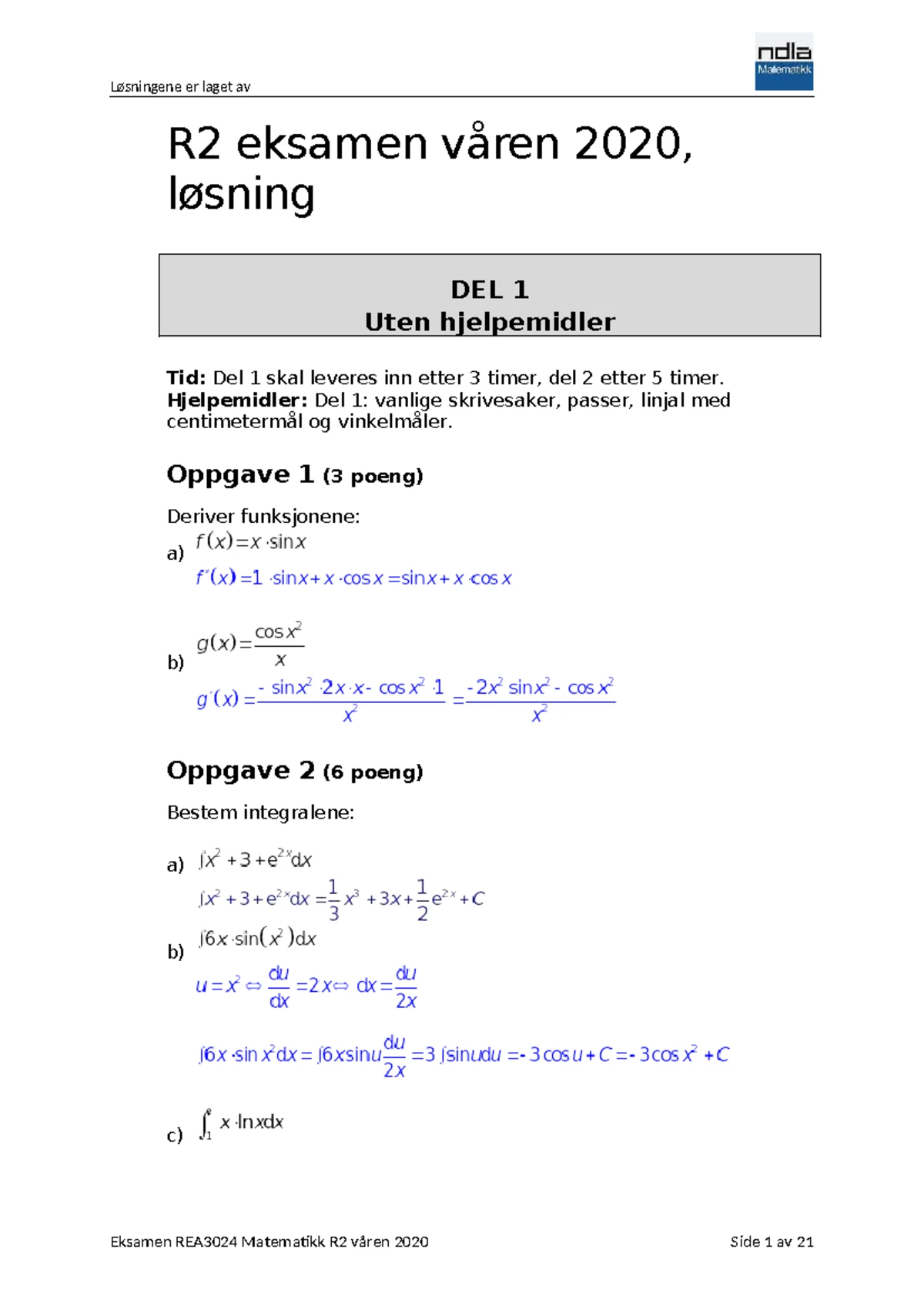 Løsningsforslag til eksamen i matematikk R2 Våren 2024 - Del 1 - Studocu