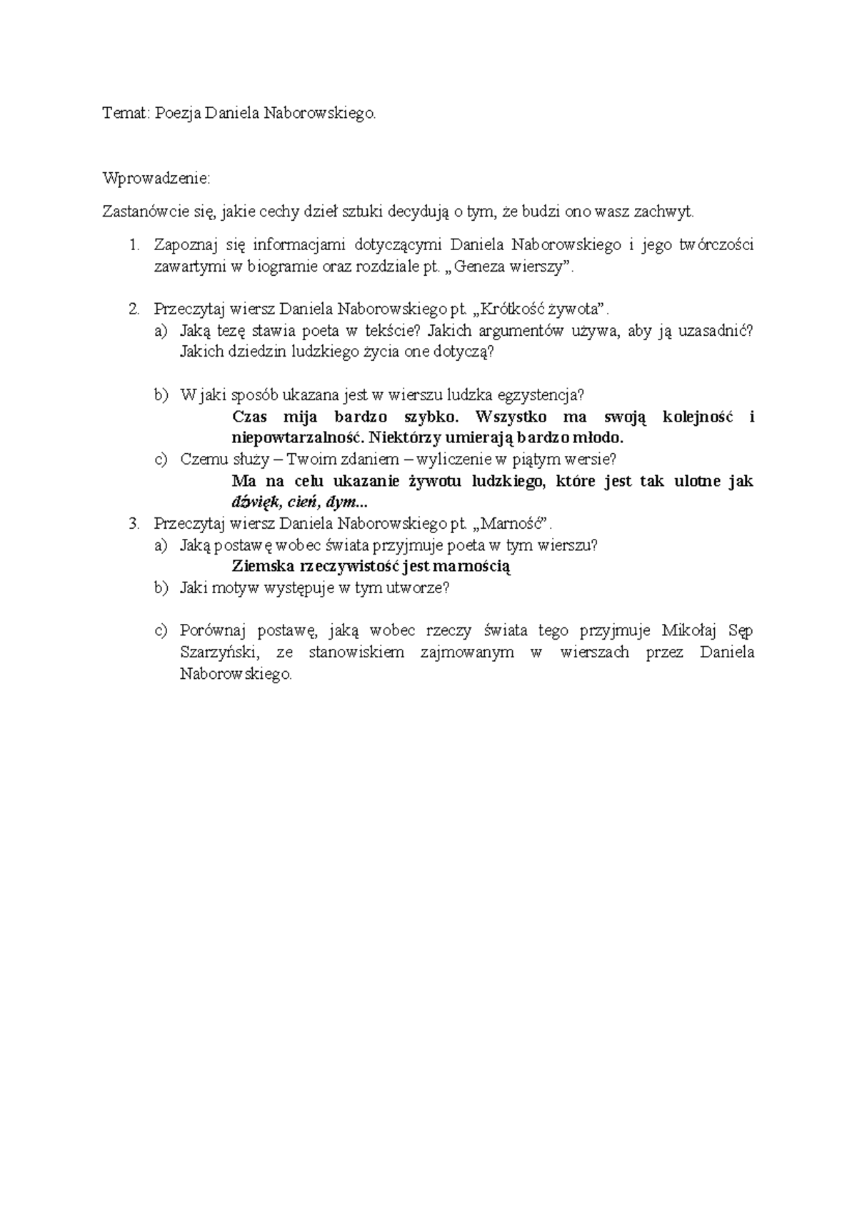 Naborowski - Poezja i Tematyka wierszy na przykładzie „Krótkość żywota” - Studocu