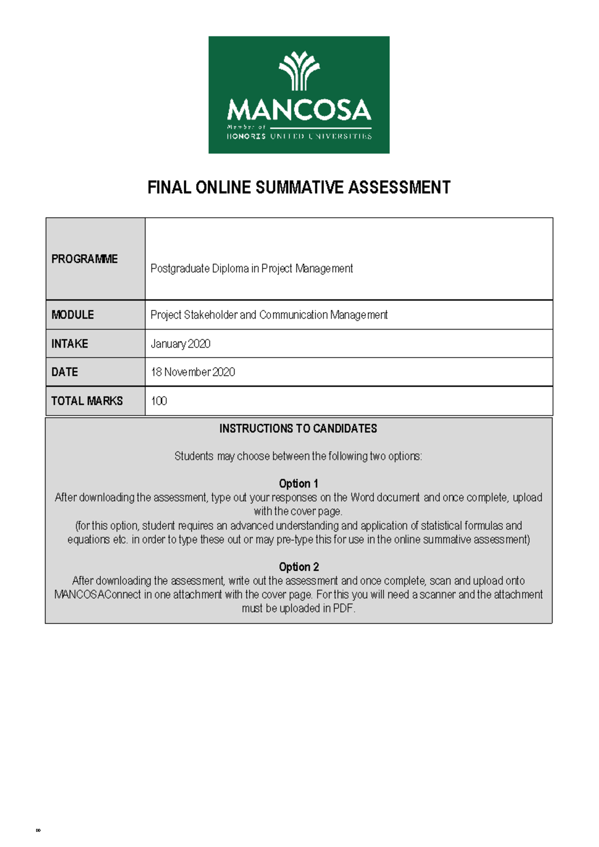 PGDPM - Final Online Summative Assessment: Project Stakeholder ...