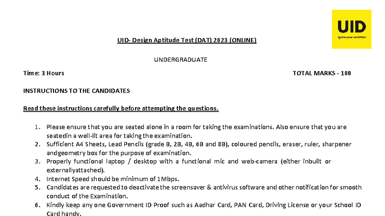 UG DAT 2023 Design Aptitude Test Instructions and Question Paper - Studocu