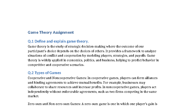 Game Theory Assignment: Concepts and Applications Explained - Studocu