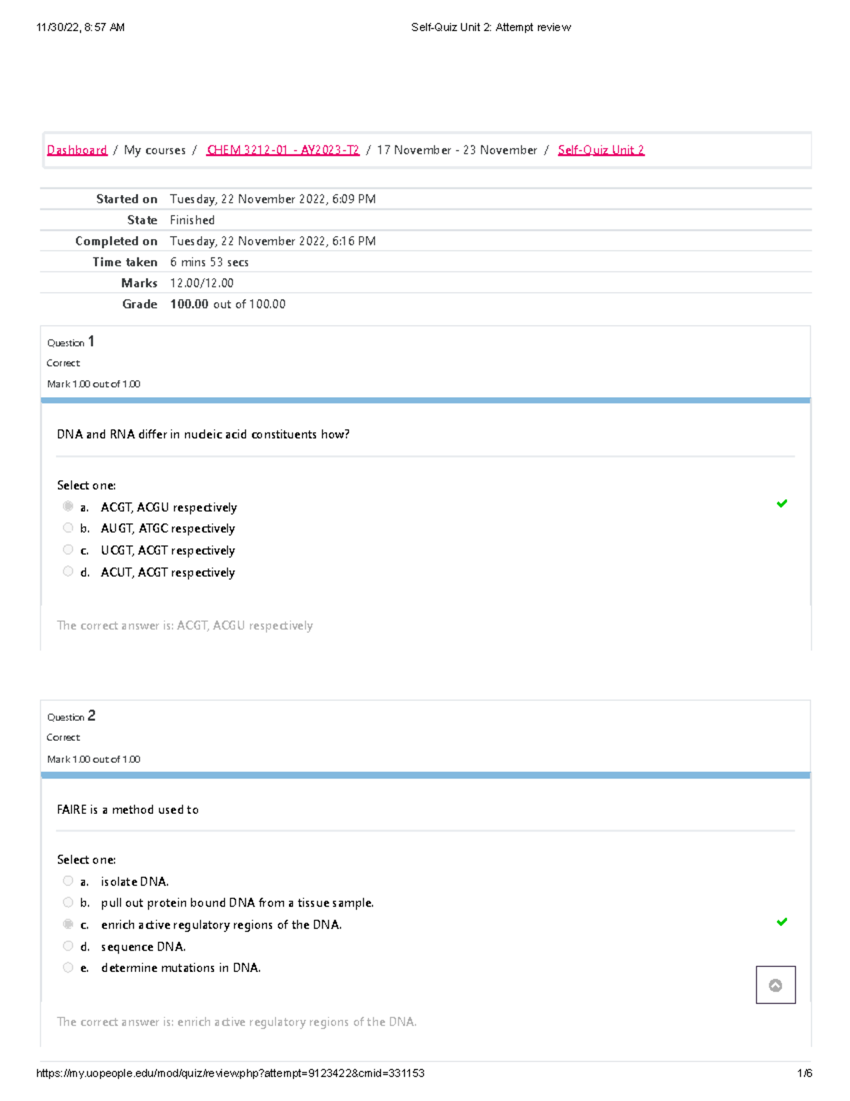 CHEM 3212 Self-Quiz Unit 2 - Started on Tuesday, 22 November 2022, 6:09 ...