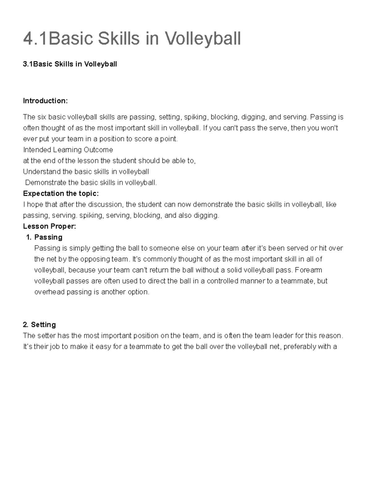 Basic Skills in Volleyball PE 202 - Lesson Overview and Techniques ...