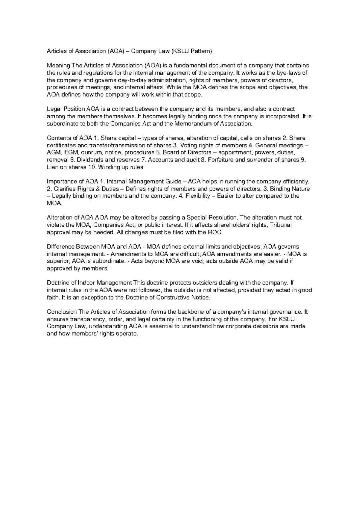 AOA Essay Notes for KSLU Company Law: Understanding Internal Governance ...