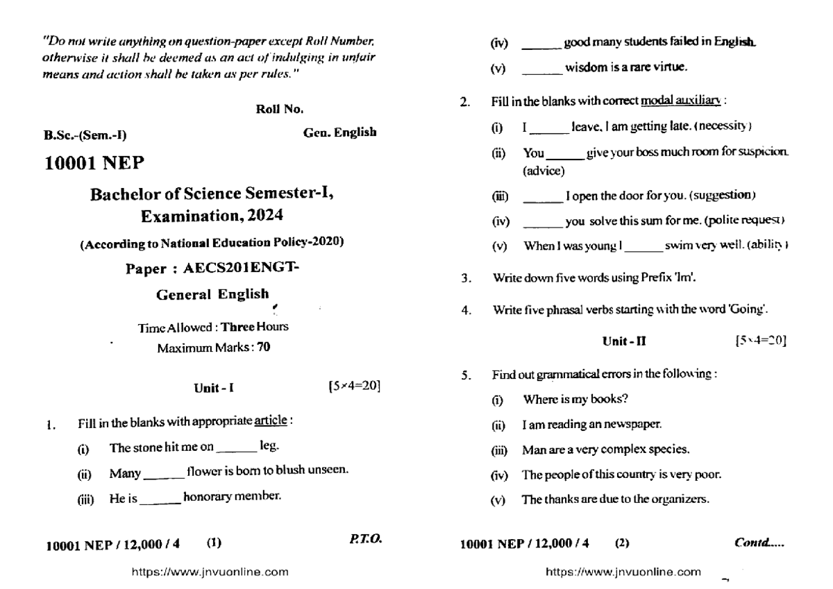 BSc 1st Sem General English Exam 10001 NEP 2024 - Studocu