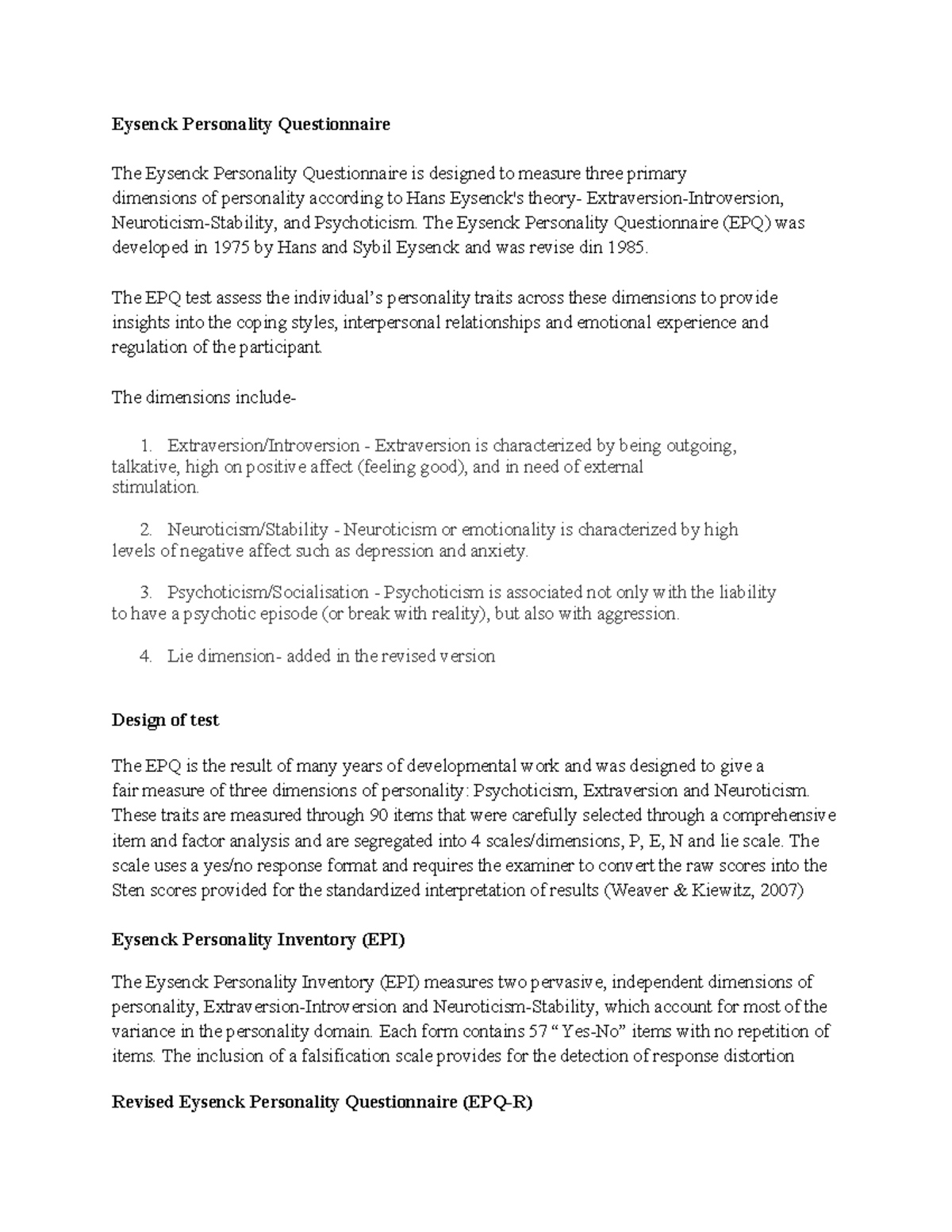 Eysenck Personality Questionnaire (EPQ): Overview and Applications ...