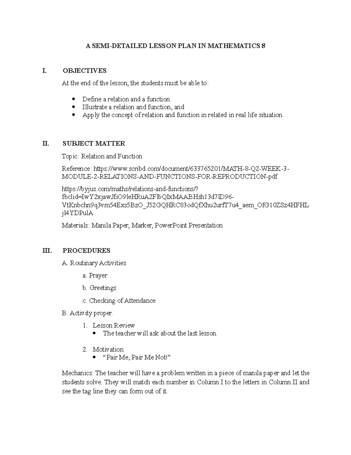 LP-M08 Lesson Plan on Relations and Functions for Grade 8 Mathematics ...