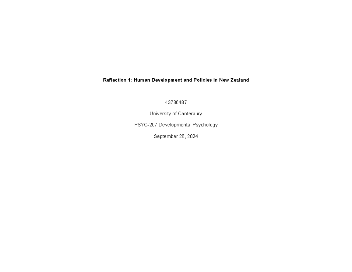 PSYC-207 Reflection 1: Human Development & Policies in NZ - Studocu