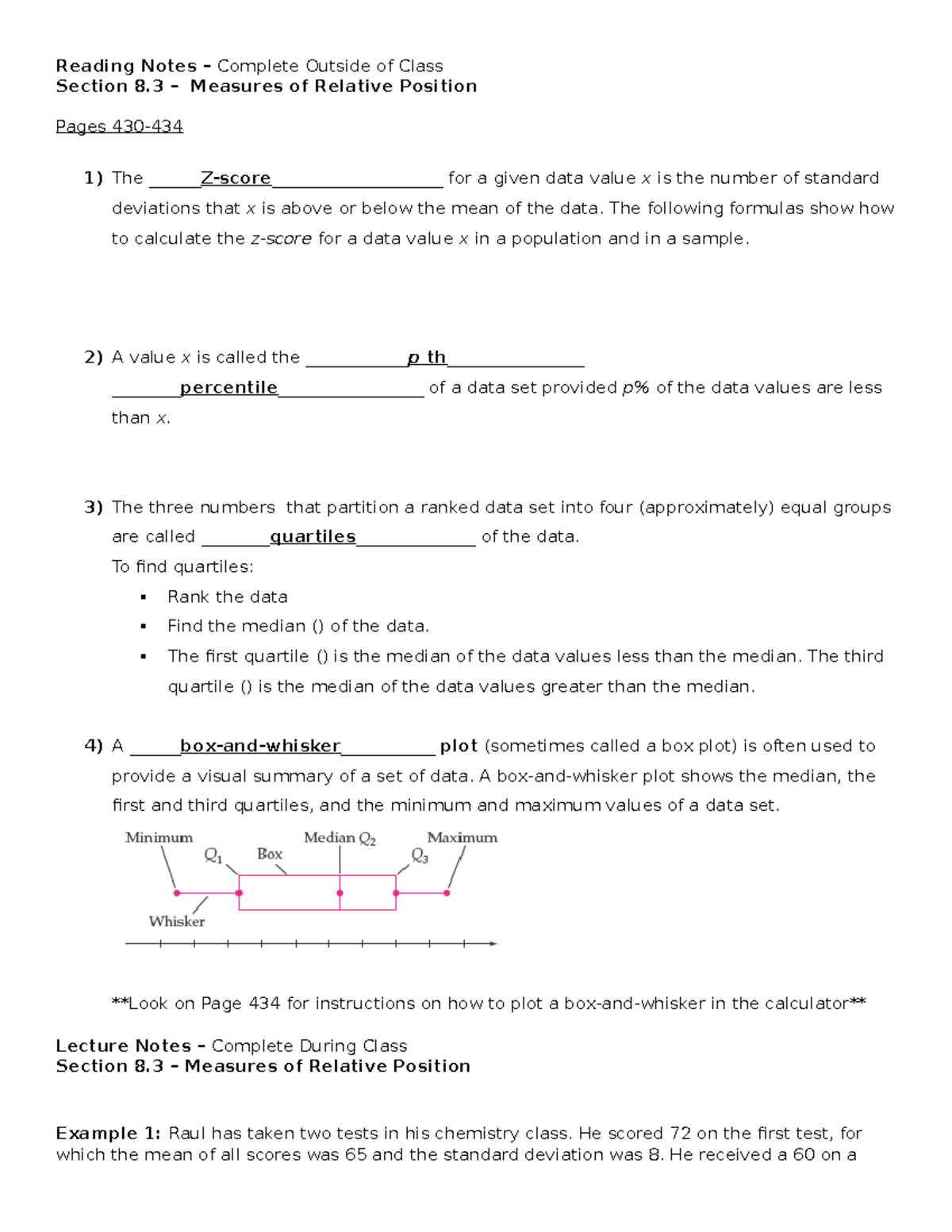 Updated Math Notes on Section 8.3 - Measures of Relative Position - Studocu